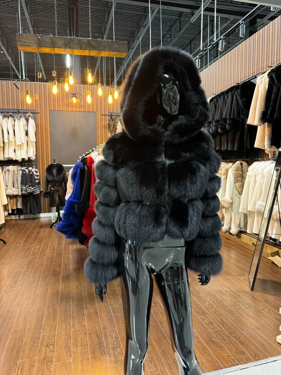 Luxurious Real Black Fox Fur Hooded Jacket – Elisa Fur