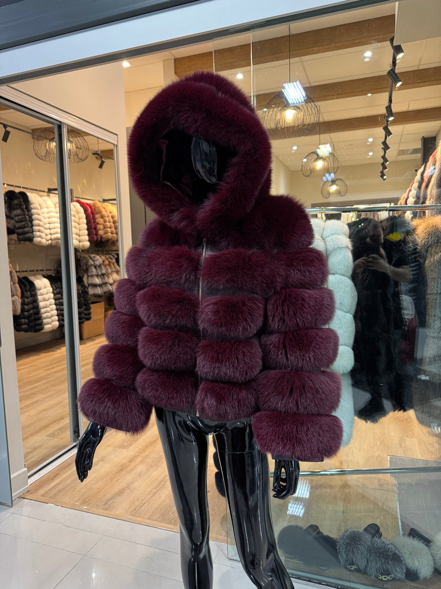 Hooded Burgundy Fox Fur Jacket – Luxury Real Fox Fur Coat, Premium Han ...