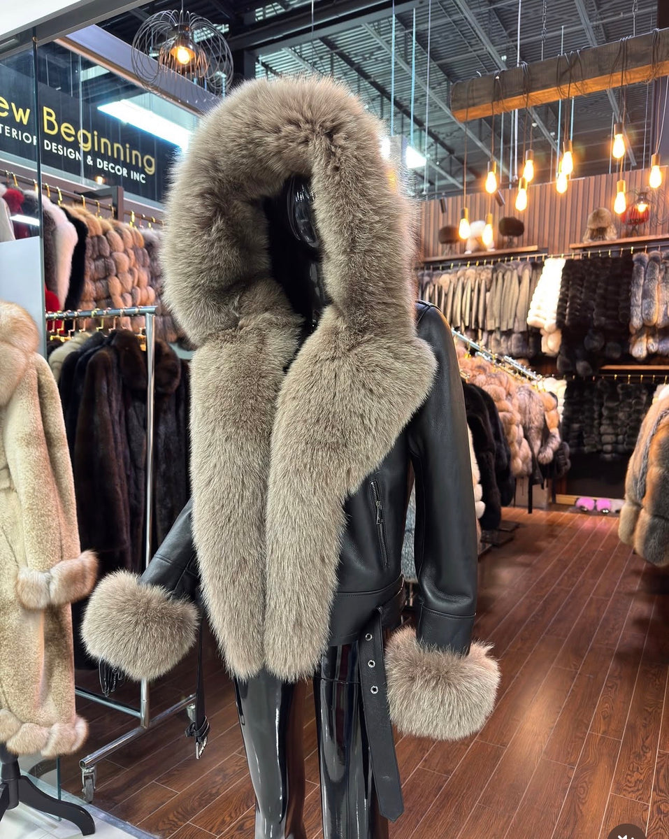Hooded Brown Fox Fur & Genuine Leather Jacket – Luxury Handmade – Elisa Fur